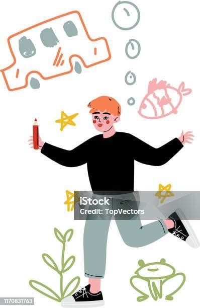 컬러 연필 아이 벡터 일러스트의 창의력 개발 벽에 그리는 소년 교육에 대한 스톡 벡터 아트 및 기타 이미지 교육 귀여운