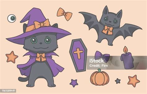 마녀 모자 박쥐 호박 관 안구와 촛불을 입고 검은 고양이의 그림과 함께 작은 어린이를위한 귀여운 만화 할로윈 아트 컬렉션 세트 마녀에 대한 스톡 벡터 아트 및 기타 이미지