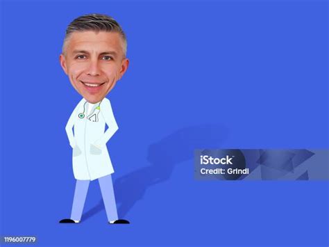 캐리커처 의사 남자 만화 스타일 몸 과 실제 인간의 큰 머리 에 의료 유니폼 전체 길이 그림 건강관리와 의술에 대한 스톡 사진 및 기타 이미지 Istock