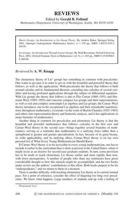 Pdf Review Andrew Baker An Introduction To Lie Groups Theory And Wulf Rossmann Lie Groups