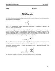 Lab RC Circuit Docx PHYSL SXU Spring RC Circuits NAME SECTION RC Circuits The
