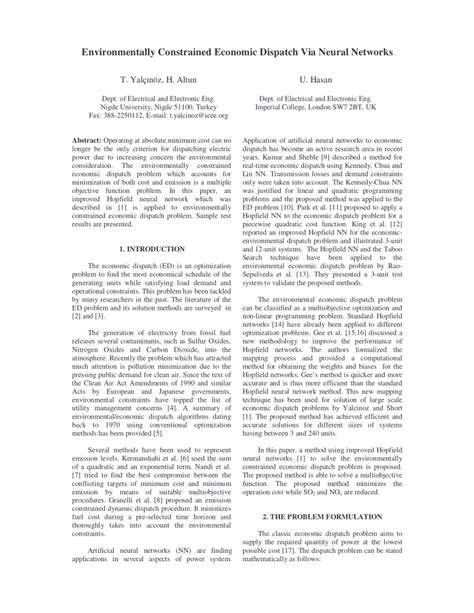 Pdf Environmentally Constrained Economic Dispatch Via Neural Networks