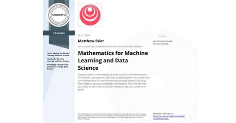 matthew esler on linkedin completion certificate for mathematics for machine learning and data…