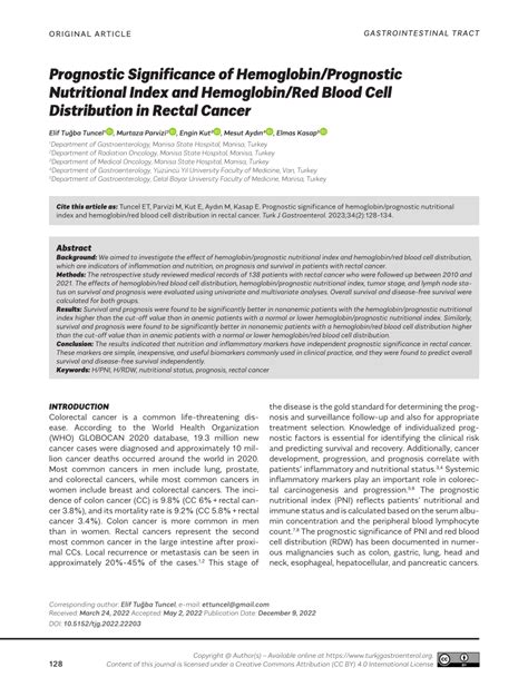 Pdf Prognostic Significance Of Hemoglobin Prognostic Nutritional Index And Hemoglobin Red