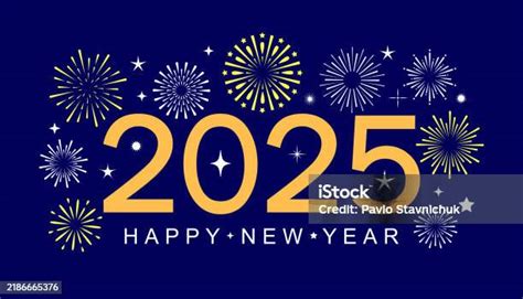 2025년 새해를 축하하는 불꽃놀이가 있는 2025년 새해 복 많이 받으세요 카드 디자인 템플릿입니다 파란색 배경에 황금 불꽃 놀이와 황금 숫자가있는 이벤트를위한 우아한
