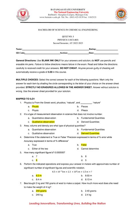 Physics Quiz Introduction To Statics Batangas State University The