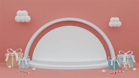 컨셉 메리 크리스마스와 새해 복 많이 받으세요 빨간색 배경에 선물 상자 파스텔이 있는 제품 프레젠테이션 연단 3d 렌더링 12월에 대한 스톡 사진 및 기타 이미지 Istock