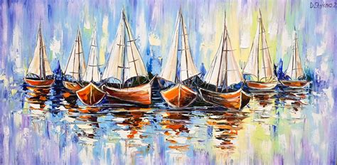 Модерна картина за хол Морски пейзаж с лодки Картина с маслени бои 100 Cm 50 Cm Платно