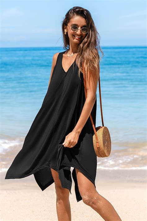 Black Jersey Handkerchief Hem Cover Up Dress
