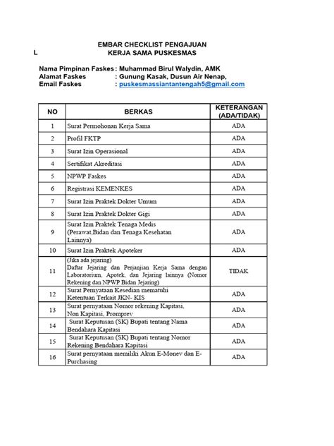 Lembar Checklist Pengajuan Kerja Sama Puskesmas Pdf