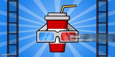 음료와 짚과 골판지 스테레오 3d 안경이있는 유리 시네마 스크린 및 필름 스트립 영화 포스터 벡터 일러스트 레이 션 3차원 형태에 대한 스톡 벡터 아트 및 기타 이미지