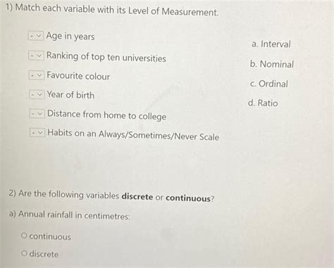 Solved 1 Match Each Variable With Its Level Of Measurement