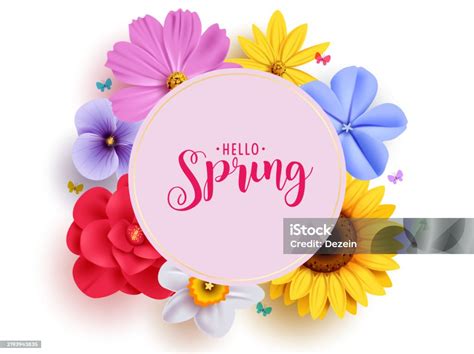 봄 안녕하세요 인사말 클립 아트 템플릿입니다 안녕하세요 봄 인사말 텍스트 원형 프레임에 해바라기 데이지 크로커스 카모마일 꽃다발 꽃 0명에 대한 스톡 벡터 아트 및 기타