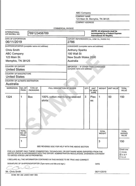 Printable Customs Commercial Invoice Template