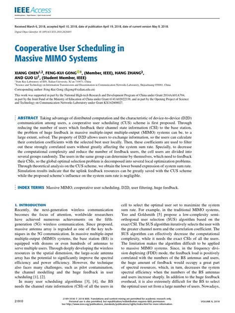 Cooperative User Scheduling In Massive Mimo Systems Pdf Mimo Duplex Telecommunications