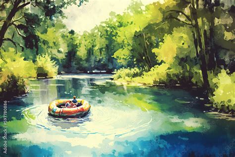 Lazy River Floating Summer Watercolor Style Generative Ai Stock