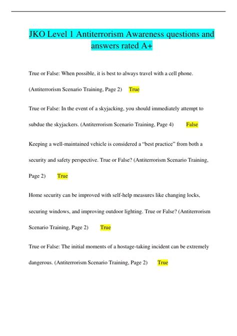 Jko Level 1 Antiterrorism Awareness Questions And Answers Rated A Jko Level 1 Antiterrorism