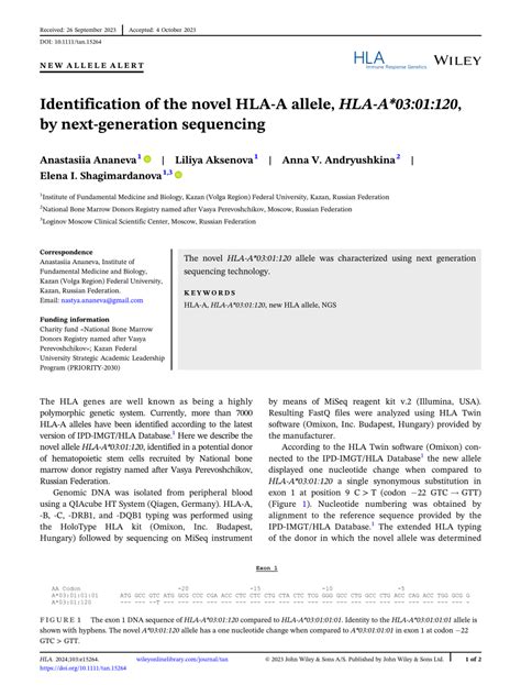 Identification Of The Novel HLAA Allele HLAA By Nextgeneration Sequencing