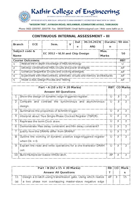 Ec3552 Vlsi And Chip Design Cia Iii Set 2 Continuous Internal Assessment Iii Branch Ece Sem