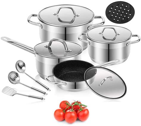 Stainless Steel Cookware Set Nonstick Glass Lids Kitchen Cooking Pots