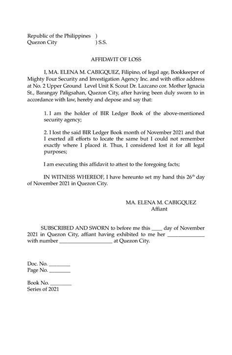 Affidavit Of Loss Republic Of The Philippines Quezon