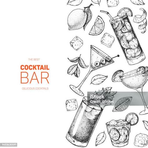 손으로 그린 칵테일 벡터 일러스트레이션 알콜 칵테일 스케치 세트 새겨진 스타일 바에 대한 디자인 템플릿 피 묻은 메리 마른 마르티니 카이피로스카 사이드카 긴 섬 아이스 티