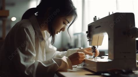 여자가 공장에서 바느질을 하고 있다 재봉틀에서 바느질을 하면서 비디오를 촬영하는 여성 고화질 사진 사진 재봉틀 배경