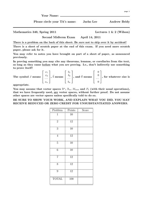 Second Midterm Exam Problems Elementary Matrix And Linear Algebra Math 340 Docsity