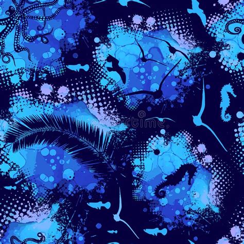 Seamless Pattern Sea Gulls Marine Inhabitants On A Dark Background Vector Illustration Stock