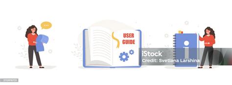 사용 설명서 개념 가이드 지침이 있는 여성 캐릭터 사용자 계약 이용 약관을 읽는 여성 Faq 또는 고객 지원 평평한 만화 스타일의 벡터 일러스트 세트 다운로드에 대한 스톡
