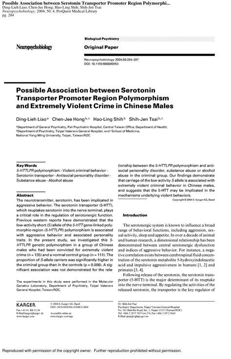 Pdf Possible Association Between Serotonin Transporter Promoter