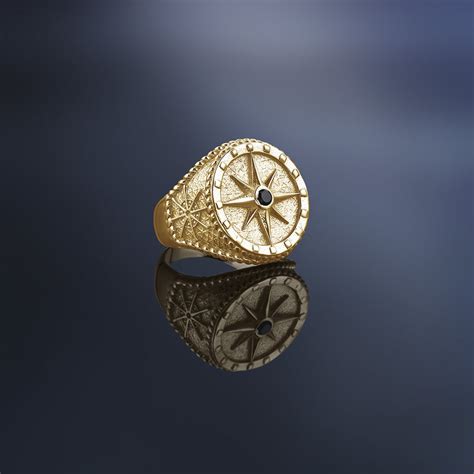 Mens Solid Gold Compass Ring With Diamond Atolyestone