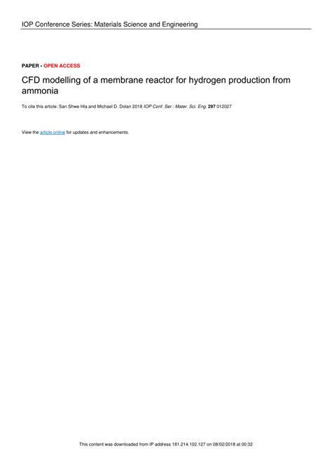 Pdf Cfd Modelling Of A Membrane Reactor For Hydrogen Production From Ammonia