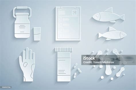 세트 의학 병 및 알 약 물고기 건 선 또는 습 진과 손 박테리아 임상 기록 및 우유 아이콘에 대 한 캔 컨테이너 벡터 3차원 형태에 대한 스톡 벡터 아트 및 기타 이미지