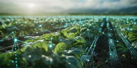 Closeup Of Crop Field With Digital Network Overlay Premium Ai