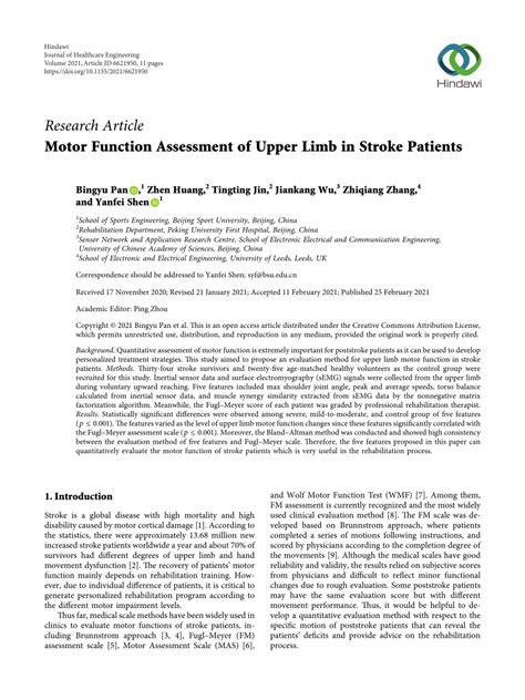 Pdf Motor Function Assessment Of Upper Limb In Stroke Patients
