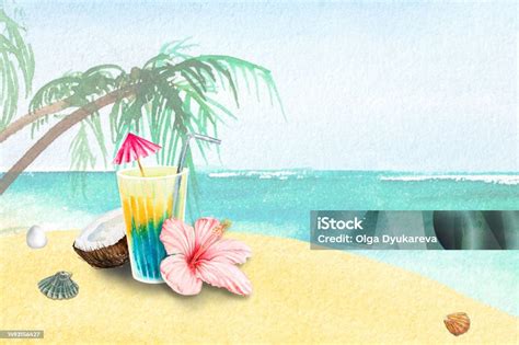 다채로운 음료 칵테일 코코넛 열대 꽃이 모래 해변 조개껍데기 푸른 파도에 있는 수채화 그림 해변에 대한 스톡 벡터 아트 및 기타