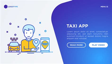 스마트 폰에서 택시 응용 프로그램을 사용하는 남자 복사 공간이 있는 웹 페이지 템플릿입니다 가는 선 아이콘입니다 벡터 그림입니다 공유 개념에 대한 스톡 벡터 아트 및 기타