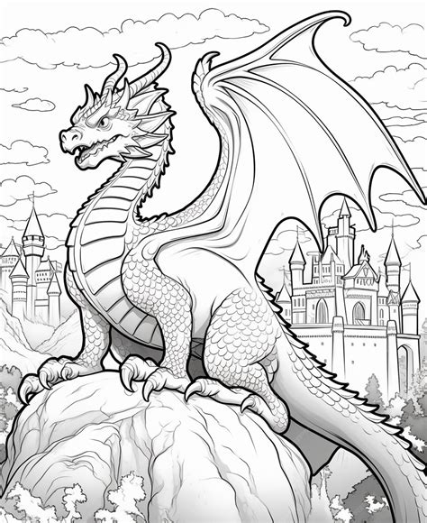 Premium Photo Coloring Pages For Adults Dragon On A Rock With Castle
