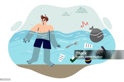 해양오염과 물에 버려진 쓰레기로 인해 수영을 방해하는 아이들 자연에 대한 스톡 벡터 아트 및 기타 이미지 자연 Microplastic 개념 Istock