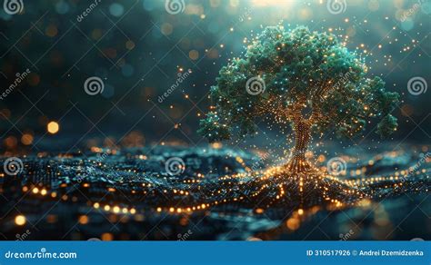 Embedded Binary Code On A Digital Tree In An Opulent Futuristic Style Poster For A Technology