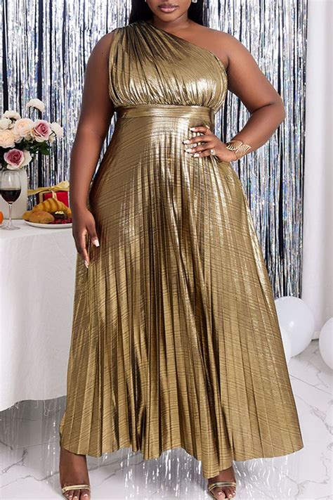 Gold Plus Size Elegant Solid Patchwork One Shoulder One Shoulder Dress