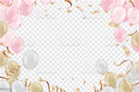 분홍색 풍선 세트 공기 에 색종이 헬륨 배경생일 기념일 축하 3차원 형태에 대한 스톡 벡터 아트 및 기타 이미지 3차원 형태 개념 개념과 주제 Istock