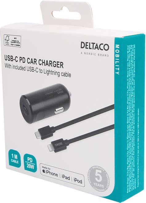 USB C Car Charger DELTACO 1x USB C PD 20 W 12 24 V 1 M Lightning Cable Black USBC CAR124