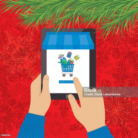 컨셉입니다 온라인 크리스마스 쇼핑 태블릿 을 사용하여 가리키기에 대한 스톡 벡터 아트 및 기타 이미지 가리키기 개념 개념과 주제 Istock