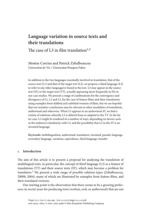 Pdf Language Variation In Source Texts And Their Translations The Case Of L3 In Film Translation