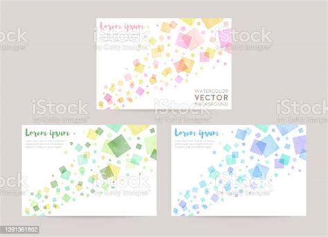 다채로운 사각형이있는 벡터 카드 디자인 템플릿 흰색 배경에 수채화 장식 기념일 카드에 대한 스톡 벡터 아트 및 기타 이미지
