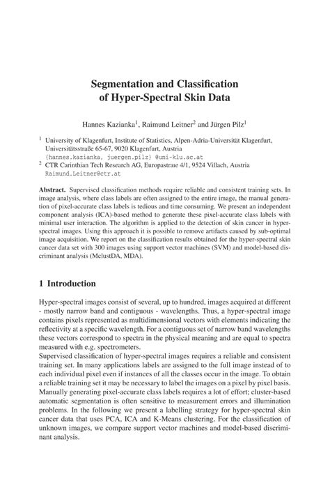 Pdf Segmentation And Classification Of Hyper Spectral Skin Data