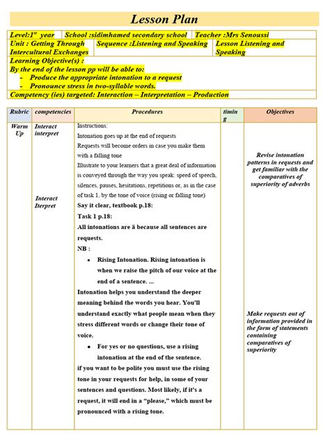 Lesson Plan 1 Unit1 L2 Pdf Stress Linguistics Word