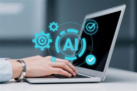 Hands Typing On Laptop With Ai And Cloud Computing Concepts Visualized Stock Illustration